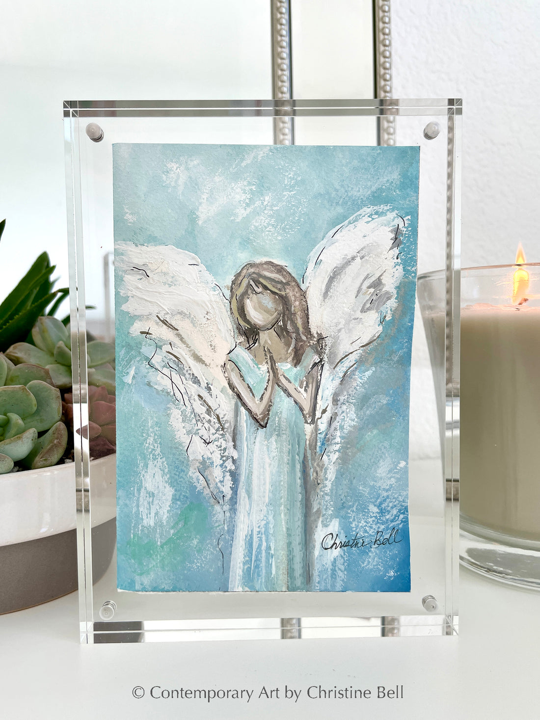 ORIGINAL Angel Painting Blue Acrylic Block Frame Fine Art Home Decor ...