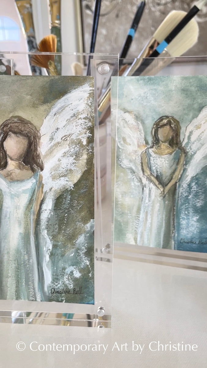 ORIGINAL Angel Painting Blue Green Acrylic Block Frame Art Home Decor ...