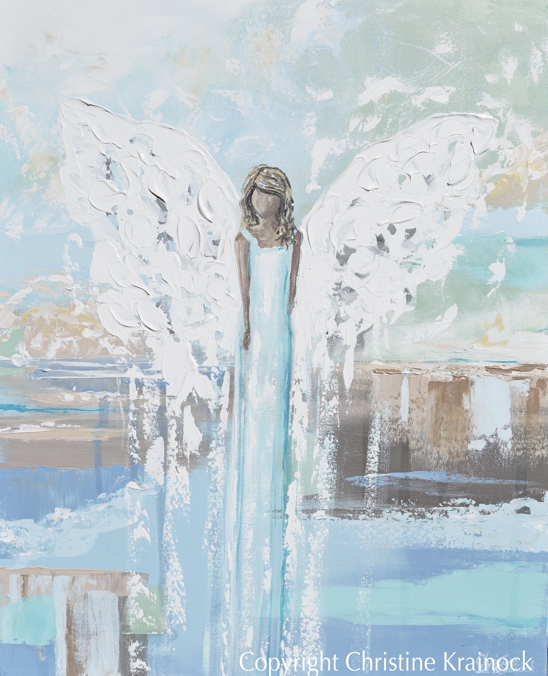 ORIGINAL Abstract Angel Art Painting Aqua Blue Spiritual Wall Decor ...