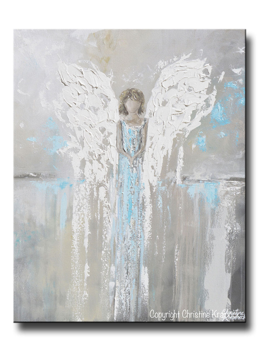 ORIGINAL Abstract Angel Painting Textured Modern Wall Art Blue Grey ...