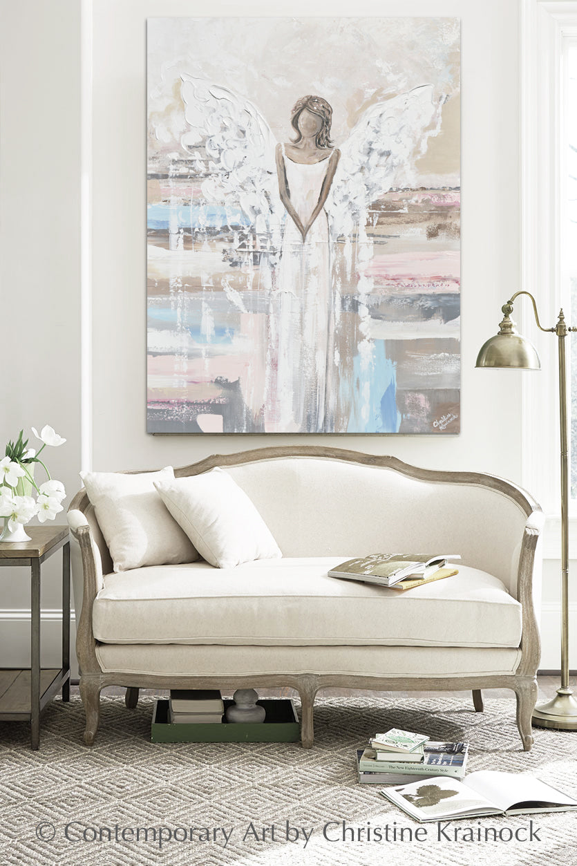 ORIGINAL Abstract Angel Painting Guardian Angel Pastel Home Wall Decor ...