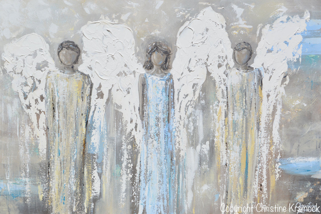 ORIGINAL Angel Painting Abstract 3 Guardian Angels White Home Wall Art ...