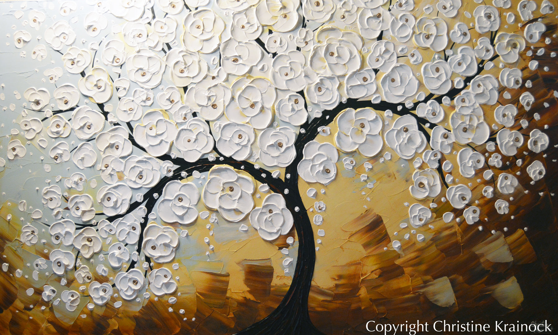 ORIGINAL Art Abstract Painting White Flowering Cherry Tree Textured ...