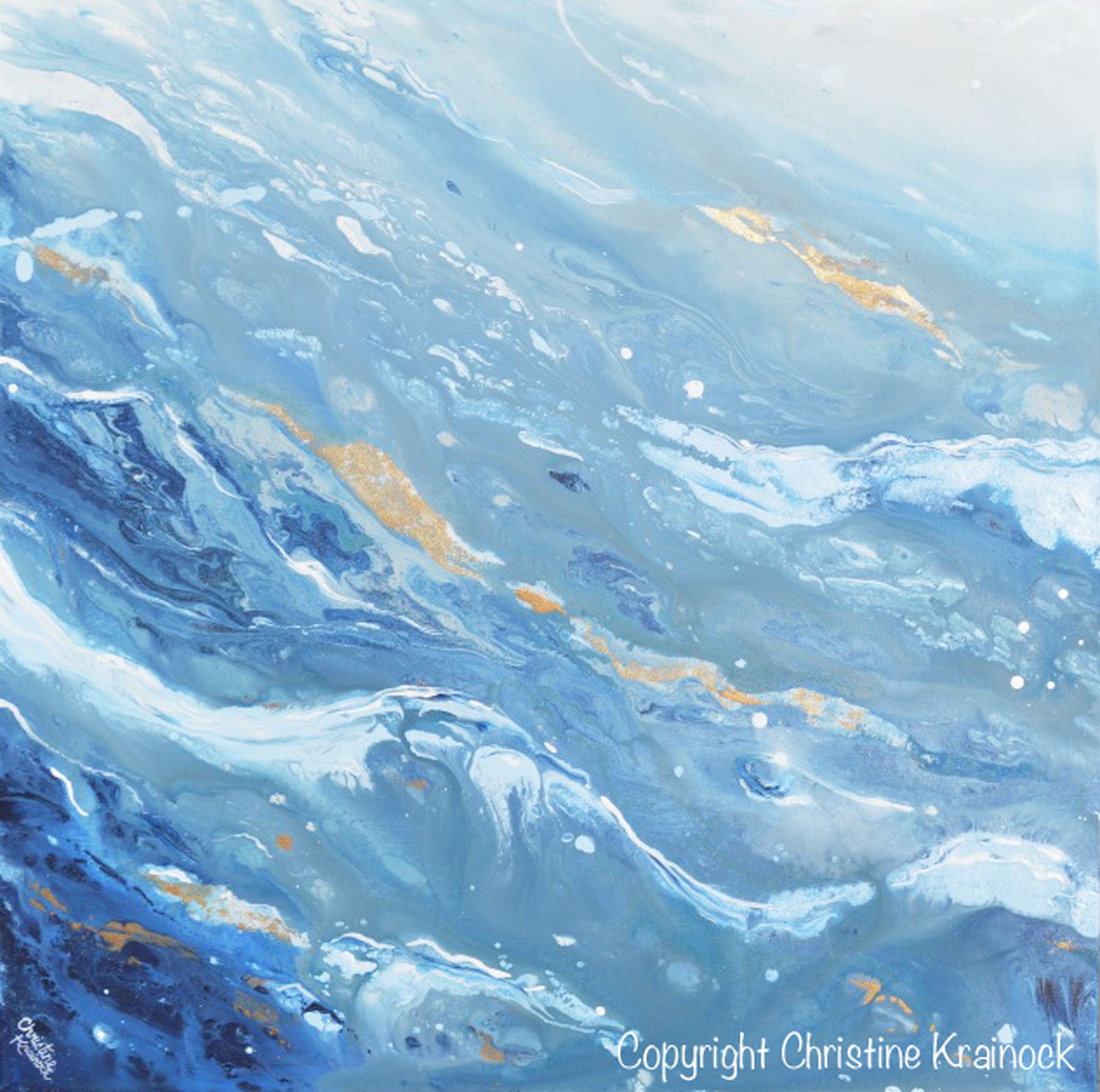ORIGINAL Art Blue White Navy Abstract Painting Gold Leaf Marbled Beach ...