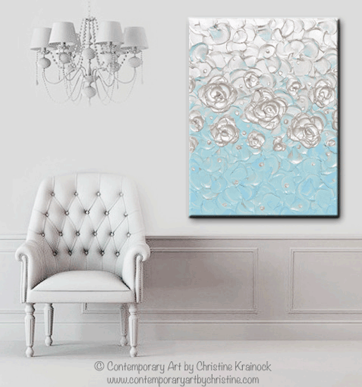 CUSTOM Abstract Painting Pearl White Blue Floral Decor – Contemporary ...