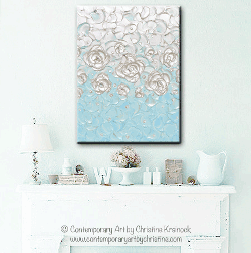 CUSTOM Abstract Painting Pearl White Blue Floral Decor – Contemporary ...