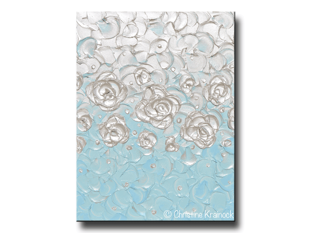 CUSTOM Abstract Painting Pearl White Blue Floral Decor – Contemporary ...