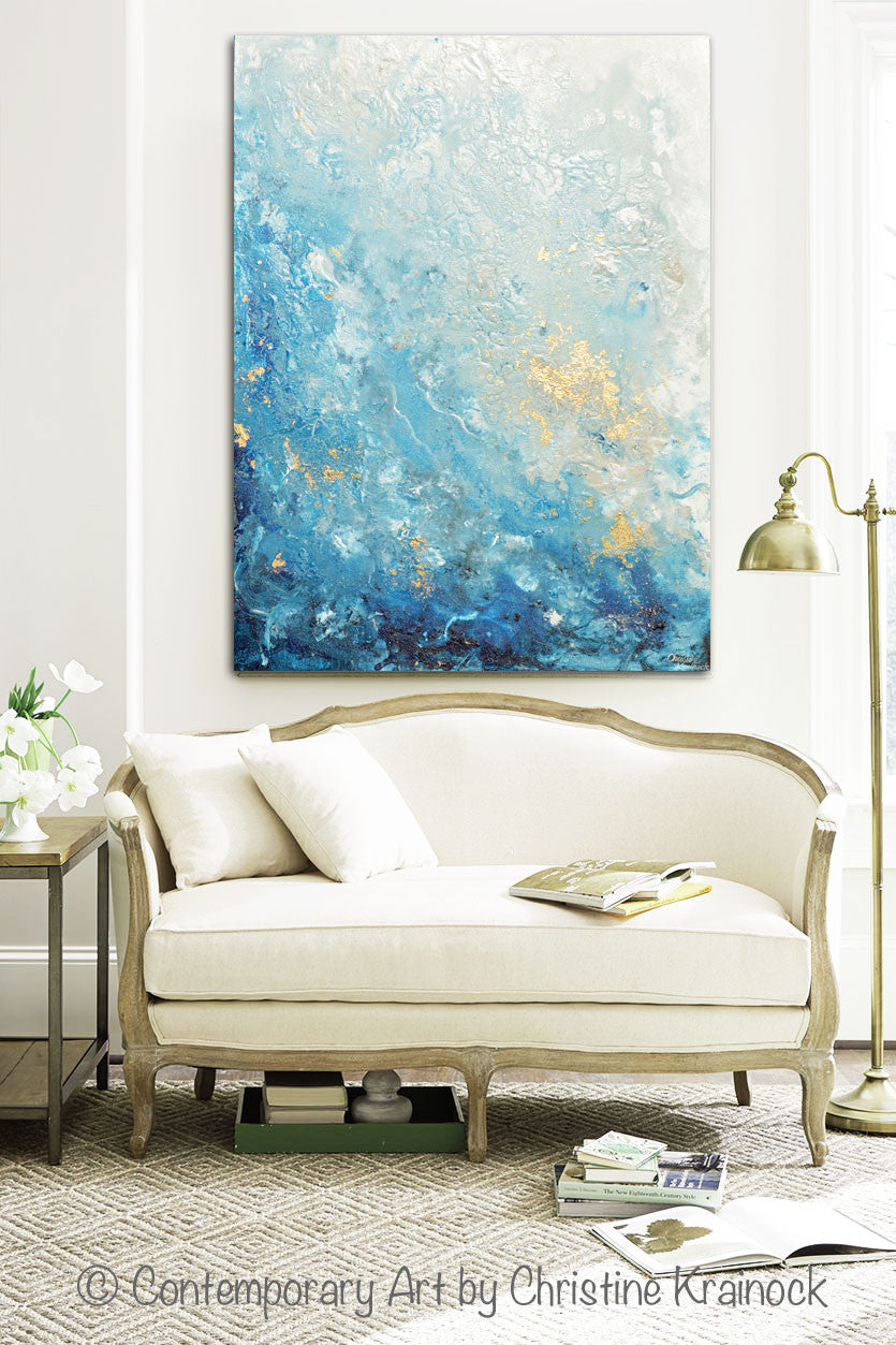 ORIGINAL Art Modern Blue Abstract Painting Navy White Grey Gold Leaf C ...