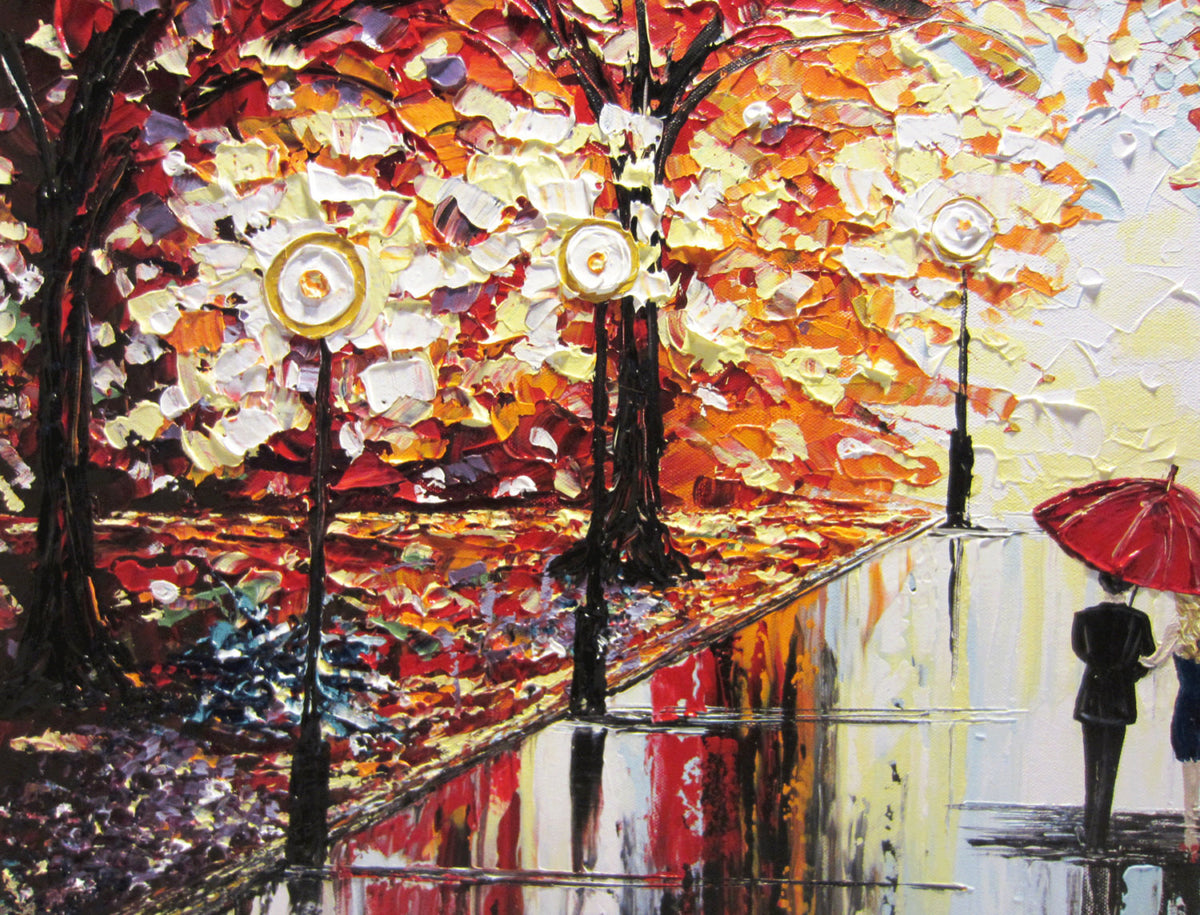 SOLD Original Art Abstract Painting Couple Red Umbrella Trees Rain Mod ...