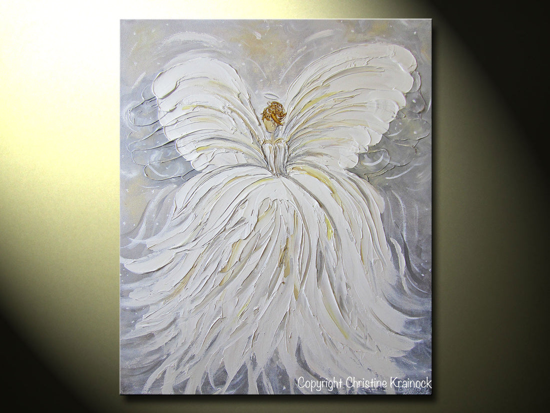 ORIGINAL Abstract Angel Painting White Grey Gold Guardian Angel Artwor ...
