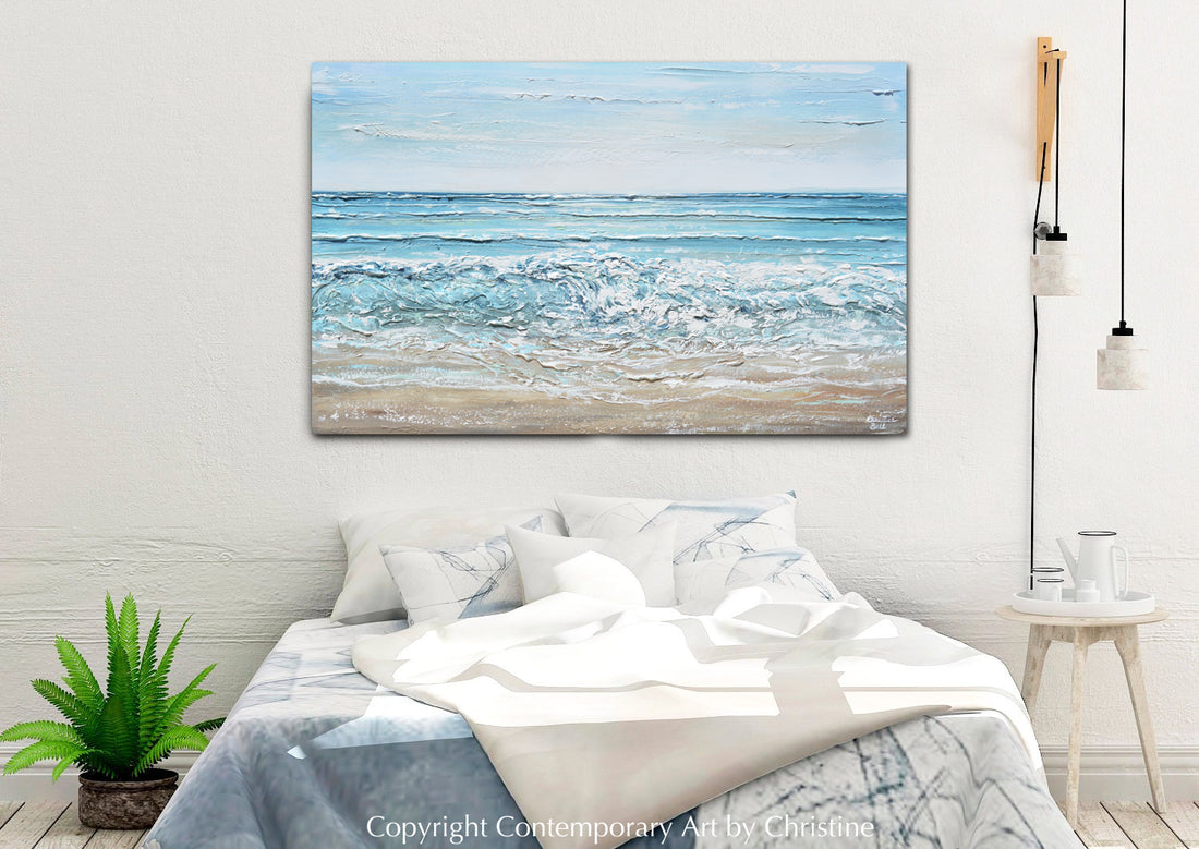 ORIGINAL Abstract Beach Painting Textured Coastal Blue Ocean Art Decor ...