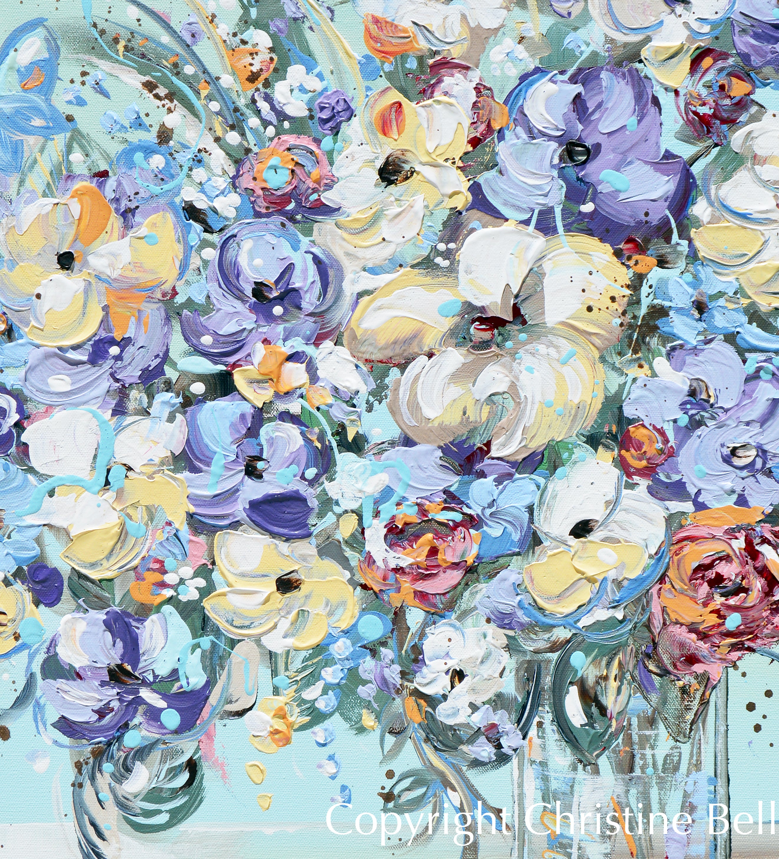 ORIGINAL Art Abstract Floral Painting Textured Flowers Lavender Mint ...