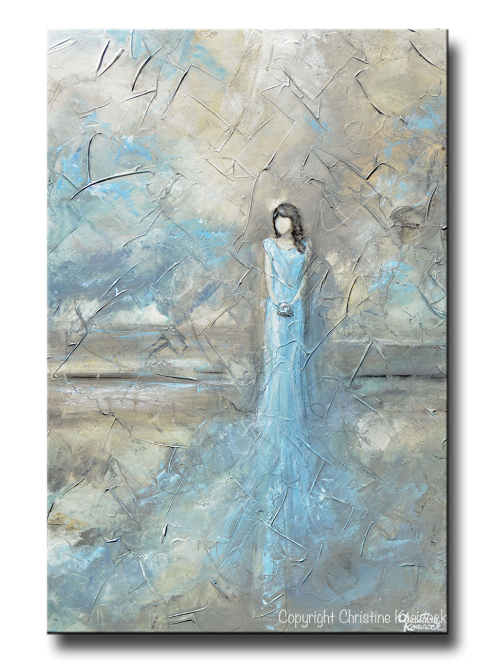 ORIGINAL Art Abstract Figurative Painting Woman Blue Dress Wall Decor ...