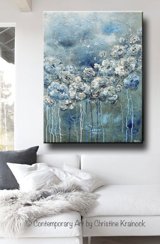 GICLEE PRINT Art Abstract Blue White Flower Painting Canvas Print Navy ...